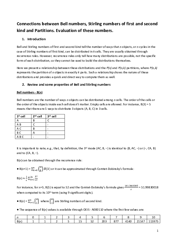 (PDF) Connections between Bell numbers, Stirling numbers of first and second kind and Partitions ...