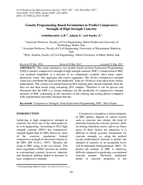 (PDF) Genetic Programming Based Formulation to Predict Compressive Strength of High Strength ...