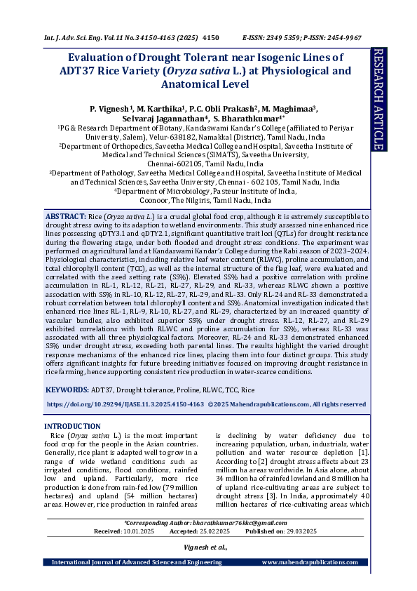 (PDF) Evaluation of Drought Tolerant near Isogenic Lines of ADT37 Rice Variety (Oryza sativa L ...