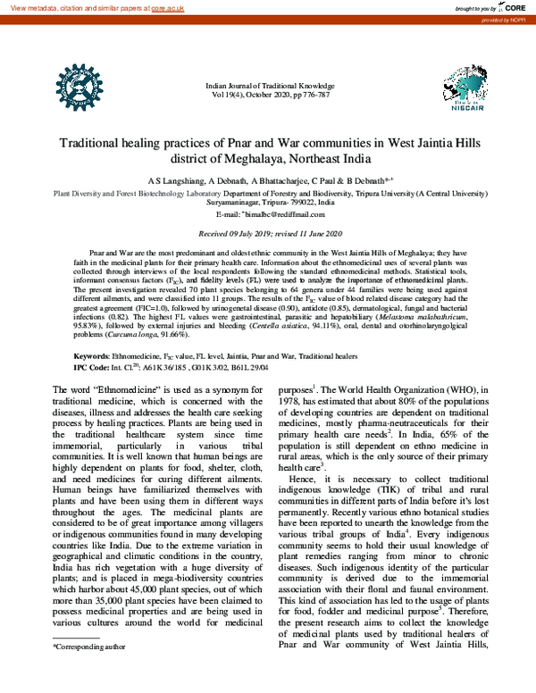 (PDF) Traditional healing practices of Pnar and War communities in West ...