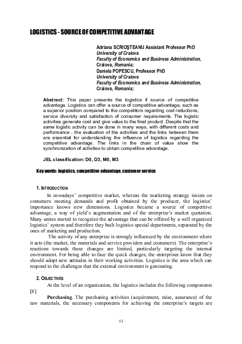 (PDF) Logistics - Source of Competitive Advantage