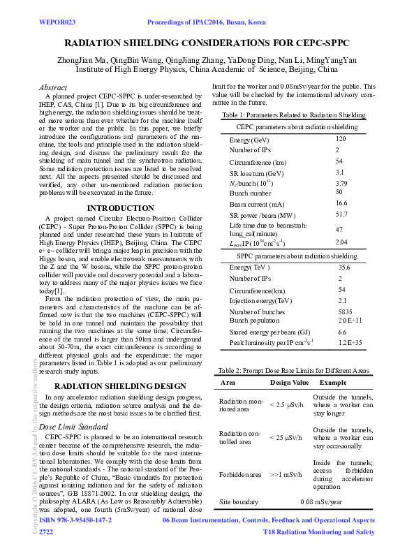 (PDF) Radiation Shielding Considerations for CEPC-SPPC