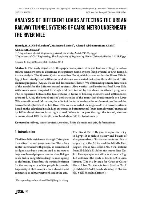 (PDF) Analysis of Different Loads Affecting the Urban Railway Tunnel Systems of Cairo Metro ...