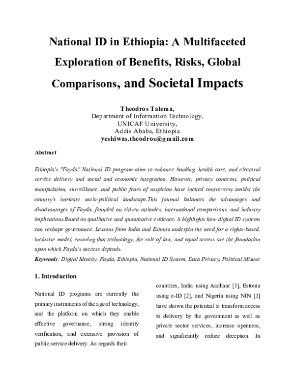 (PDF) National ID in Ethiopia: A Multifaceted Exploration of Benefits ...