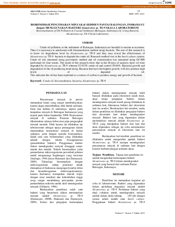 (PDF) BIOREMIDIASI PENCEMARAN MINYAK di SEDIMEN PANTAI BALONGAN ...