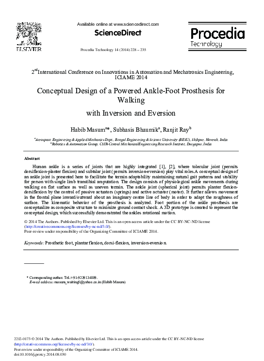 (PDF) Conceptual Design of a Powered Ankle-foot Prosthesis for Walking ...