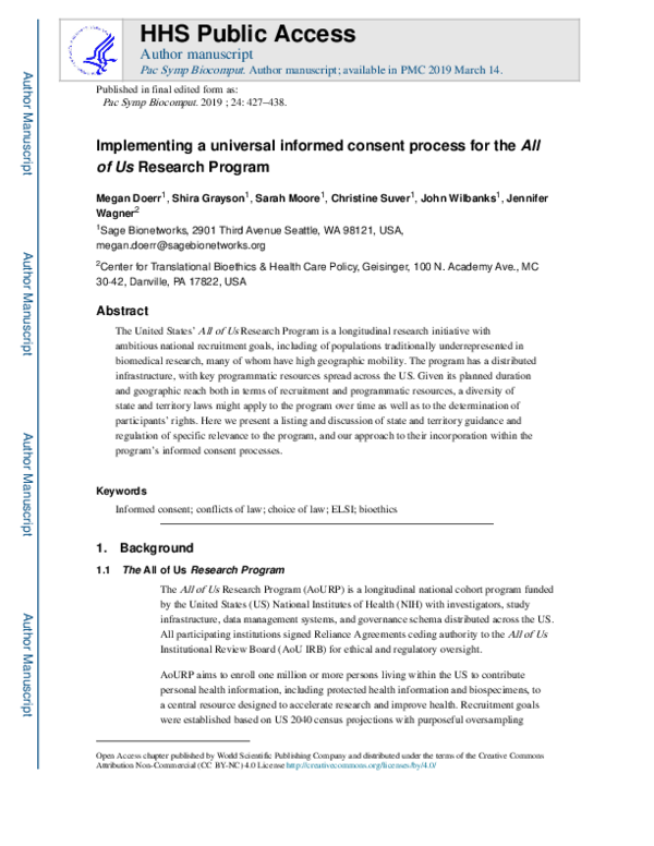 (PDF) Implementing a Universal Informed Consent Process for the All of Us Research Program