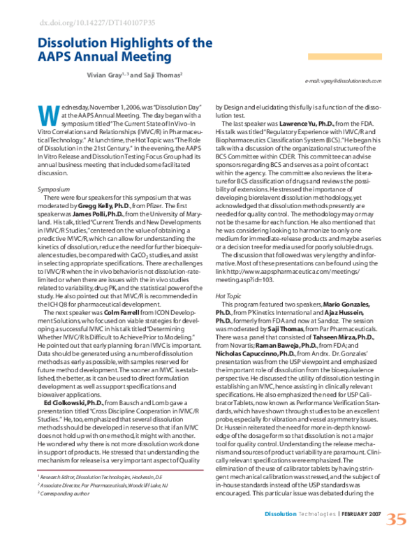 (PDF) Dissolution Highlights of the AAPS Annual Meeting