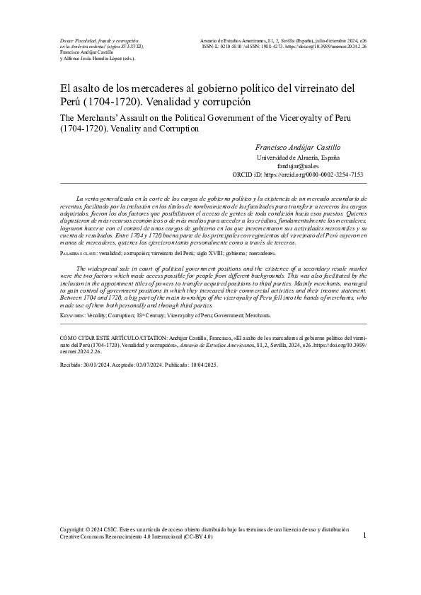 (PDF) El asalto de los mercaderes al gobierno político del virreinato del Perú (1704-1720 ...