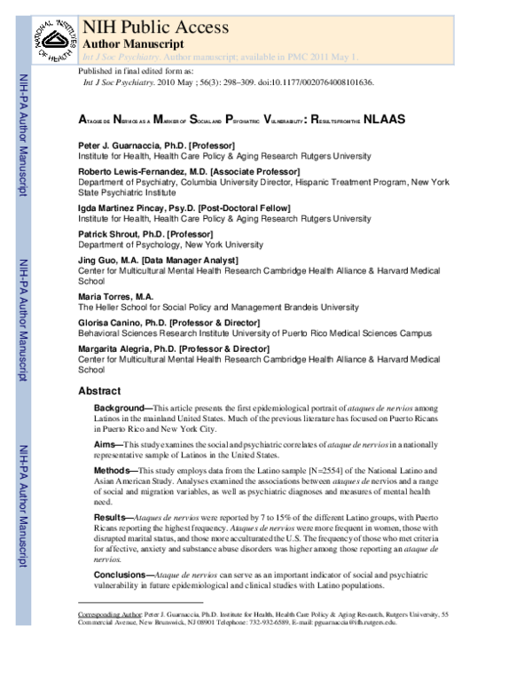 (PDF) Ataque De Nervios as a Marker of Social and Psychiatric ...