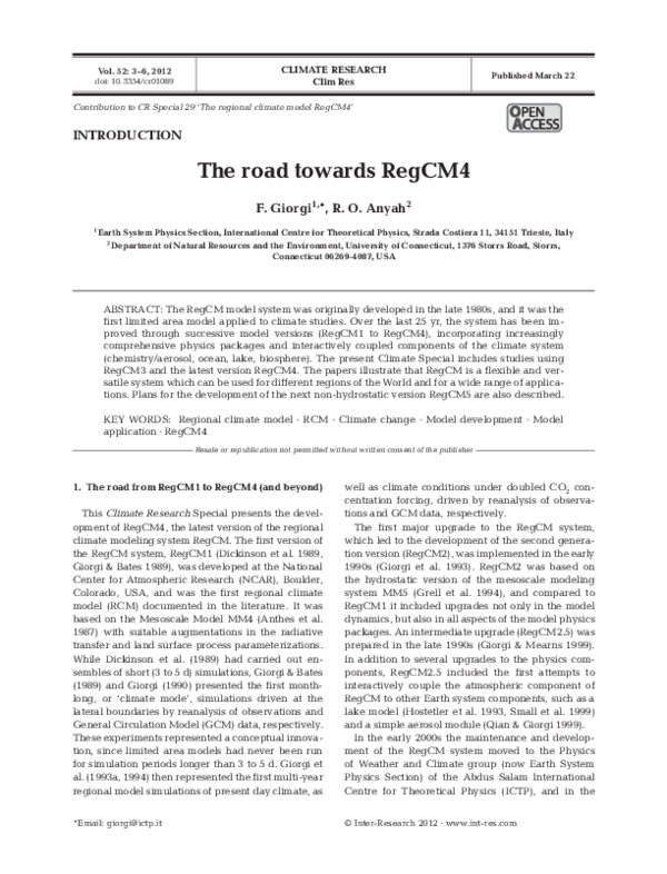 (PDF) INTRODUCTION The road towards RegCM4 F. Giorgi1,*, R. O. Anyah2