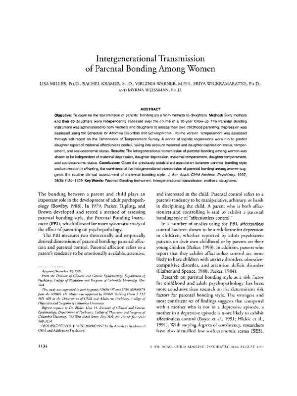 (PDF) Intergenerational Transmission of Parental Bonding Among Women