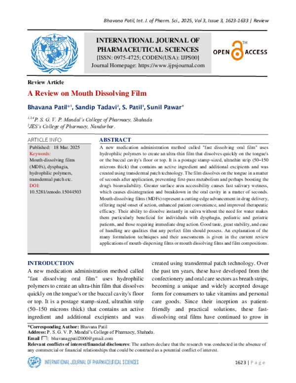 (PDF) A Review on Mouth Dissolving Film