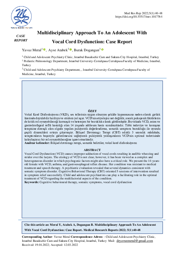 (PDF) Multidisciplinary approach to an adolescent with vocal cord dysfunction: case report