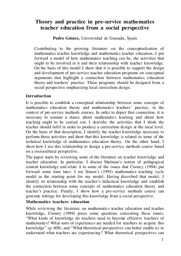 (PDF) Theory and practice in pre-service mathematics teacher education ...