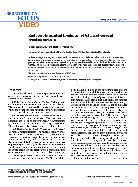 (PDF) Endoscopic surgical treatment of bilateral coronal craniosynostosis