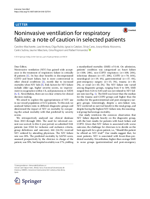 (PDF) Noninvasive ventilation for respiratory failure: a note of caution in selected patients