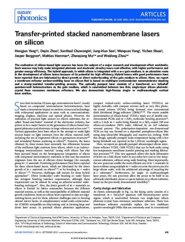 (PDF) Transfer-printed stacked nanomembrane lasers on silicon