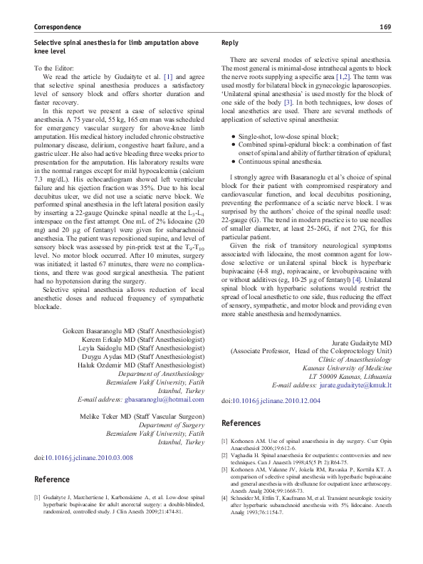 (PDF) Selective spinal anesthesia for limb amputation above knee level