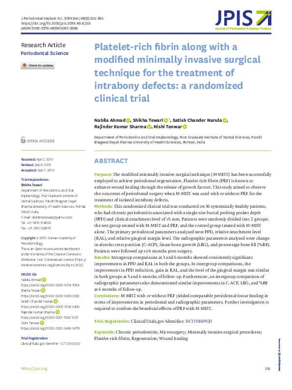 (PDF) Platelet-rich fibrin along with a modified minimally invasive surgical technique for the ...