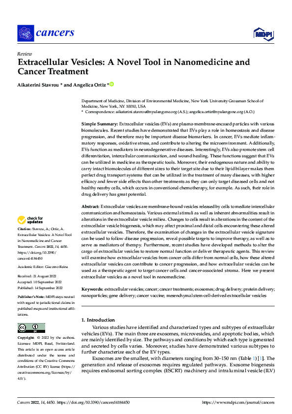 Pdf Extracellular Vesicles A Novel Tool In Nanomedicine And Cancer