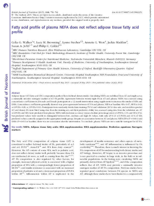 (PDF) Fatty acid profile of plasma NEFA does not reflect adipose tissue ...