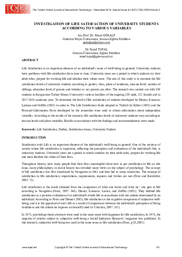 (PDF) INVESTIGATION OF LIFE SATISFACTION OF UNIVERSITY STUDENTS ACCORDING TO VARIOUS VARIABLES
