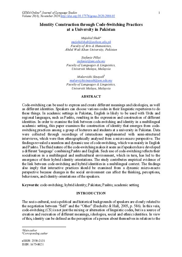 (PDF) Identity Construction through Code-Switching Practices at a University in Pakistan