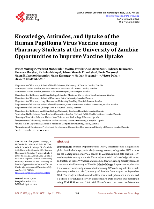 Pdf Knowledge Attitudes And Uptake Of The Human Papilloma Virus 1503