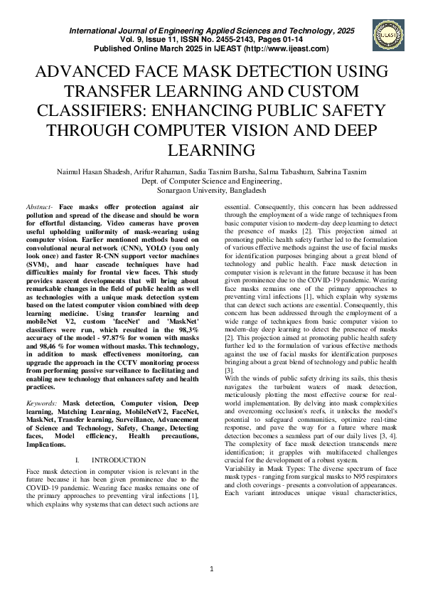 (PDF) ADVANCED FACE MASK DETECTION USING TRANSFER LEARNING AND CUSTOM CLASSIFIERS: ENHANCING ...