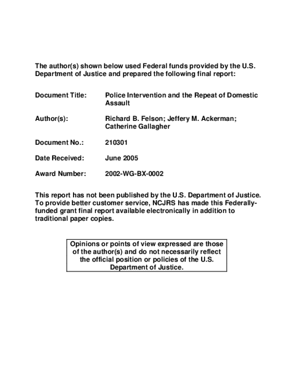 (PDF) Police Intervention and the Repeat of Domestic Assault
