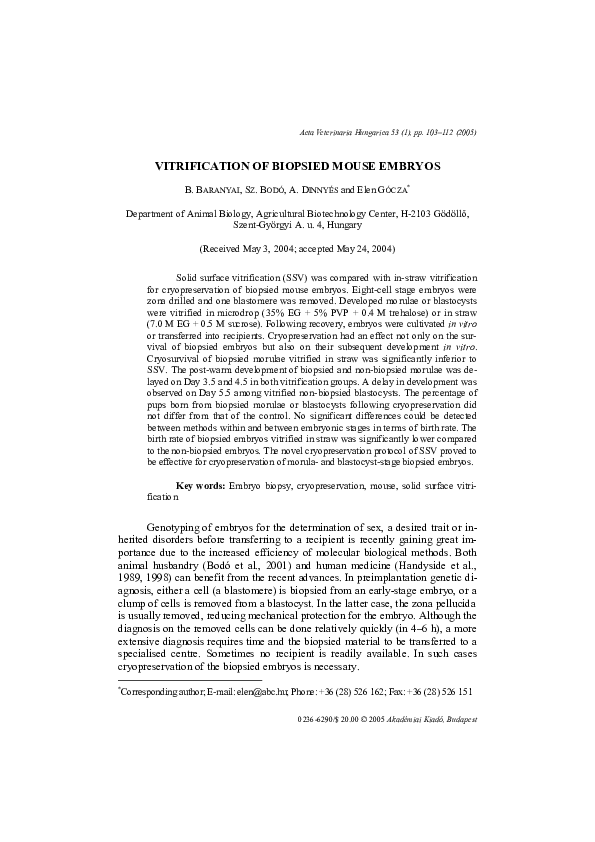 (PDF) Vitrification of biopsied mouse embryos