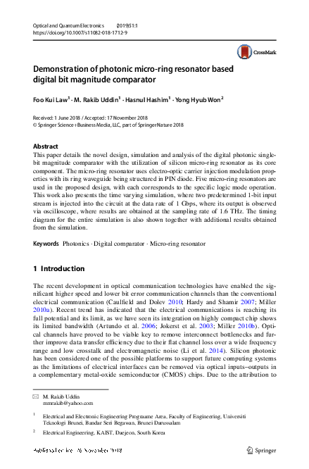 (PDF) Demonstration of photonic micro-ring resonator based digital bit ...