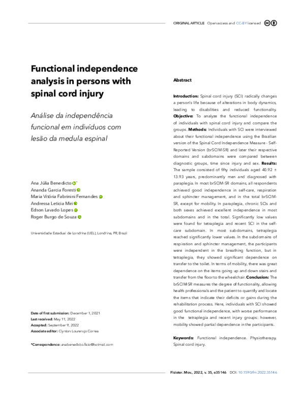 (PDF) Functional independence analysis in persons with spinal cord injury