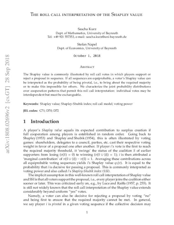 (PDF) The Roll Call Interpretation of the Shapley Value