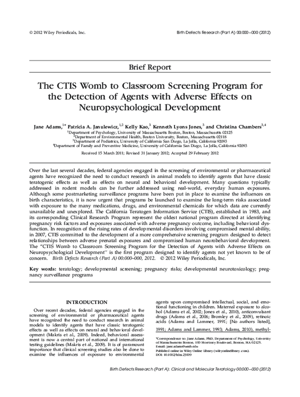 (PDF) The CTIS Womb to Classroom Screening Program for the detection of agents with adverse ...