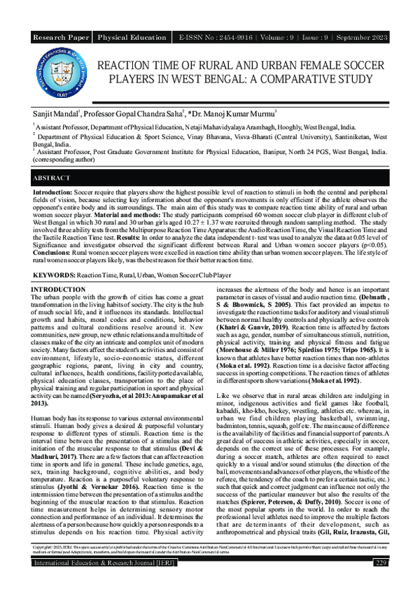 (PDF) Reaction Time of Rural and Urban Female Soccer Players in West Bengal: A Comparative Study