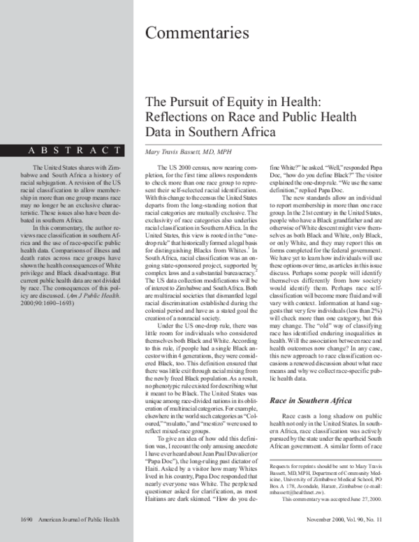 (PDF) The pursuit of equity in health: reflections on race and public ...