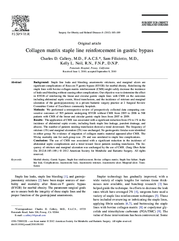 (PDF) Collagen matrix staple line reinforcement in gastric bypass