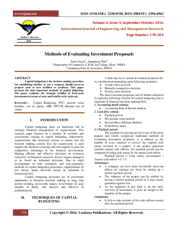 (PDF) Methods of Evaluating Investment Proposals