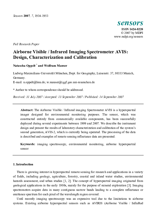 (PDF) The Airborne Visible / Infrared Imaging Spectrometer AVIS: Design ...
