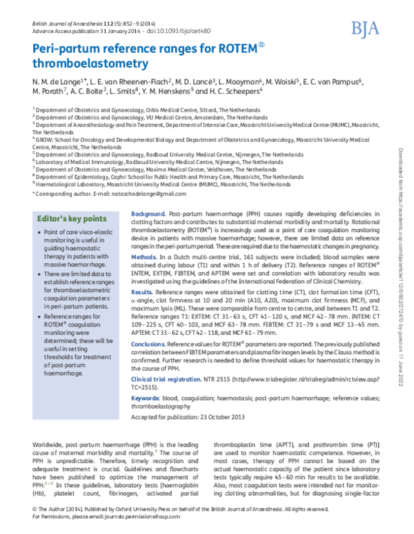 (PDF) Peri-partum reference ranges for ROTEM® thromboelastometry
