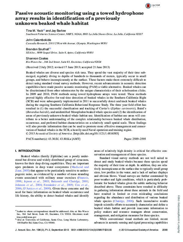 (PDF) Passive acoustic monitoring using a towed hydrophone array results in identification of a ...