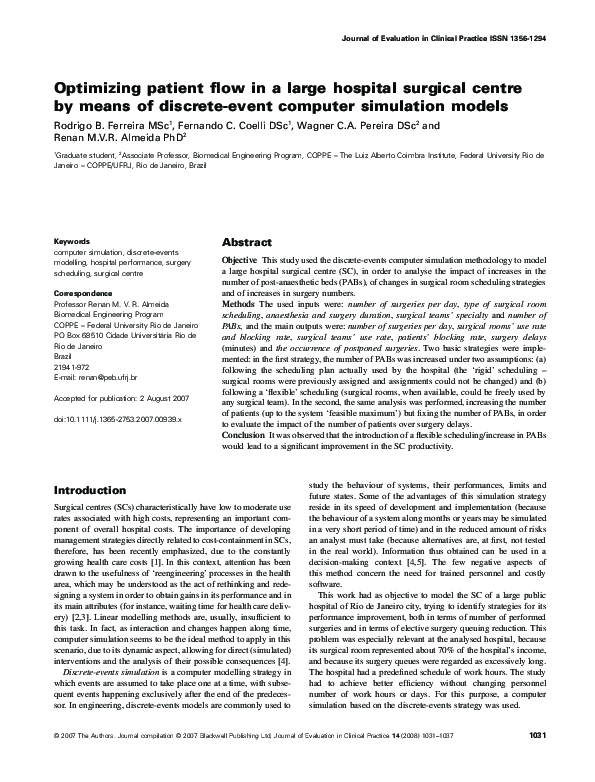 (PDF) Optimizing patient flow in a large hospital surgical centre by means of discrete-event ...