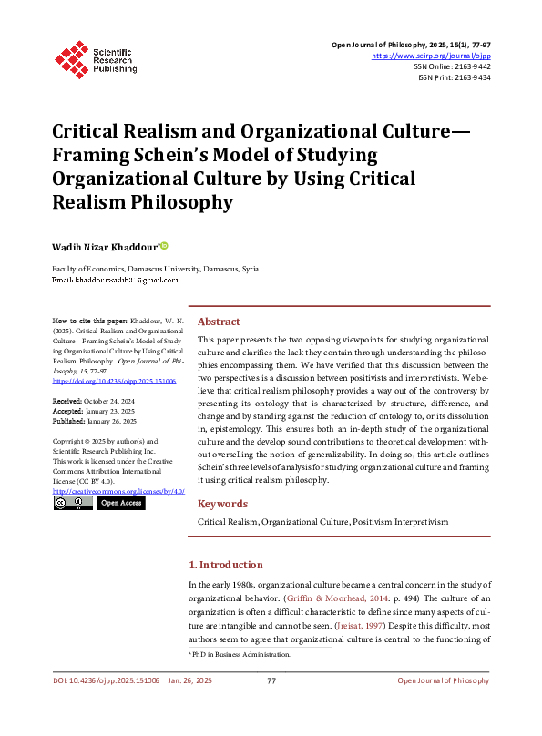 (PDF) Critical Realism and Organizational Culture-Framing Schein's ...