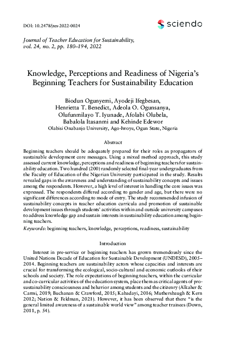 (PDF) Knowledge, Perceptions and Readiness of Nigeria's Beginning Teachers for Sustainability ...