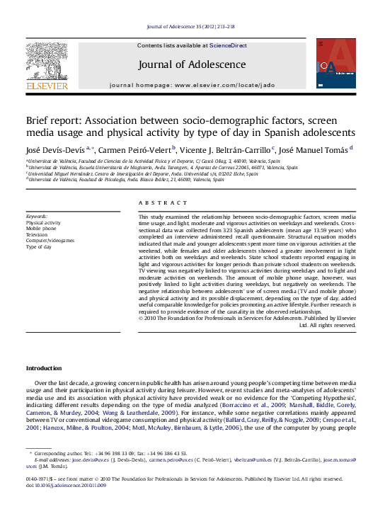 (PDF) Brief report: Association between socio‐demographic factors, screen media usage and ...