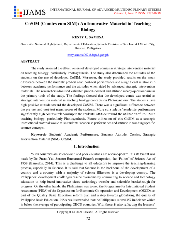 (PDF) CoSIM (Comics cum SIM): An Innovative Material in Teaching Biology