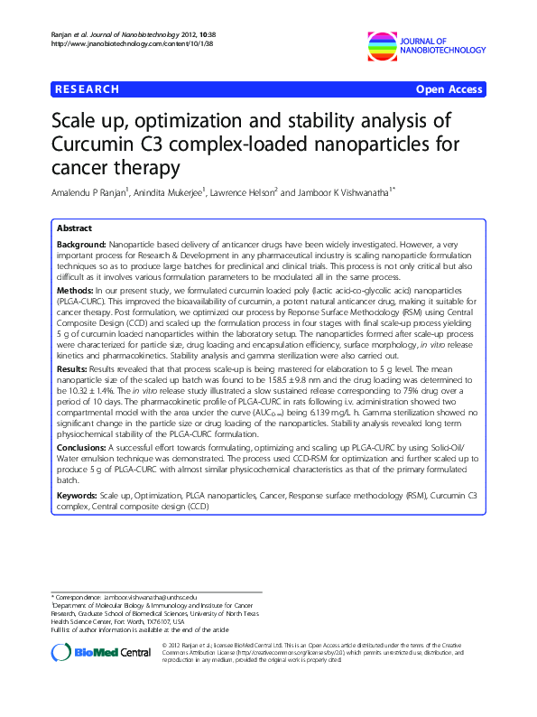 (PDF) Scale up, optimization and stability analysis of Curcumin C3 complex-loaded nanoparticles ...