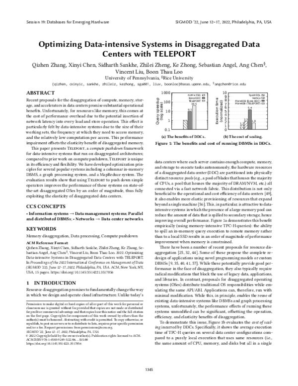 (PDF) Optimizing Data-intensive Systems in Disaggregated Data Centers with TELEPORT